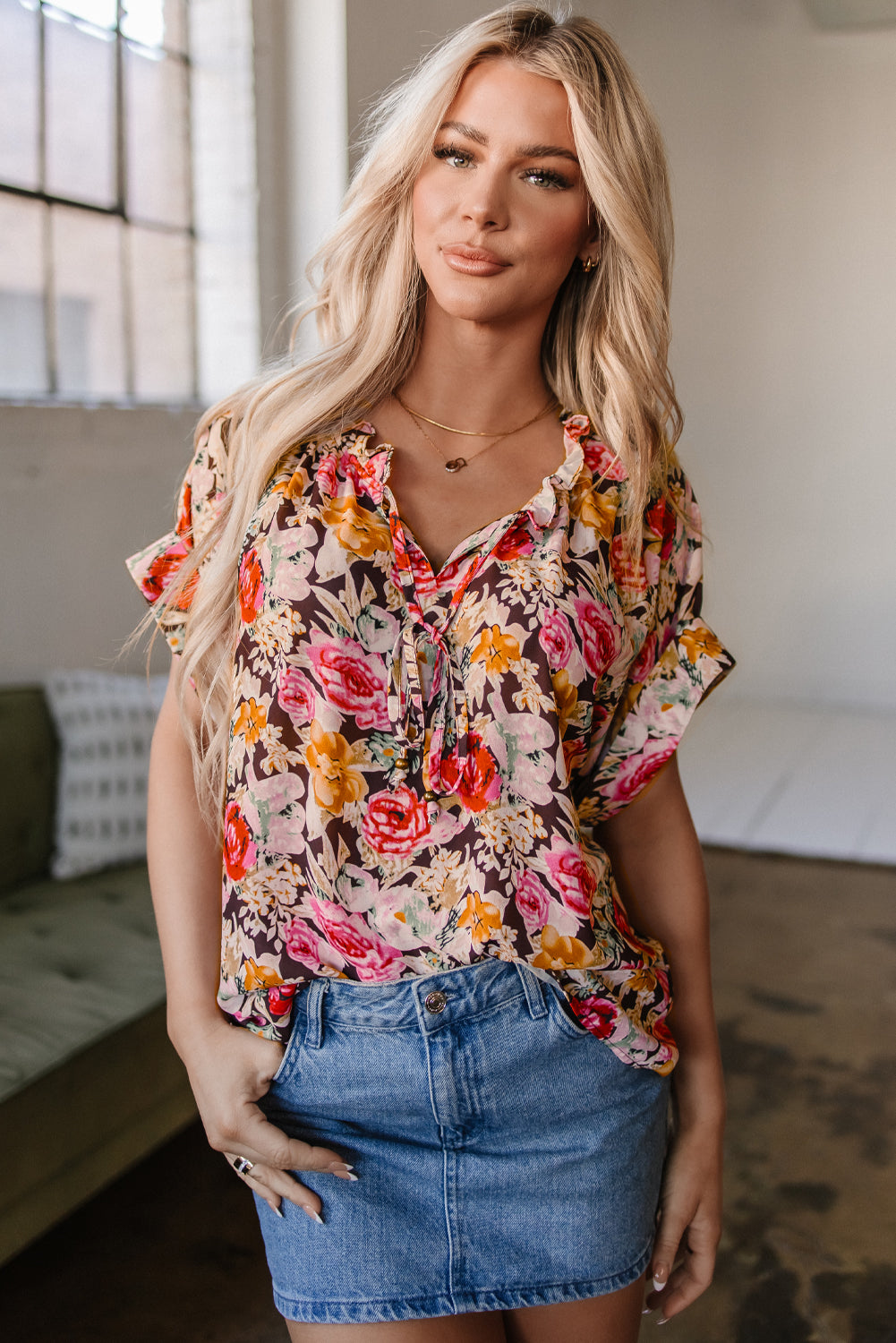 Rhea Floral Crew Neck Blouse | Threaded Pear