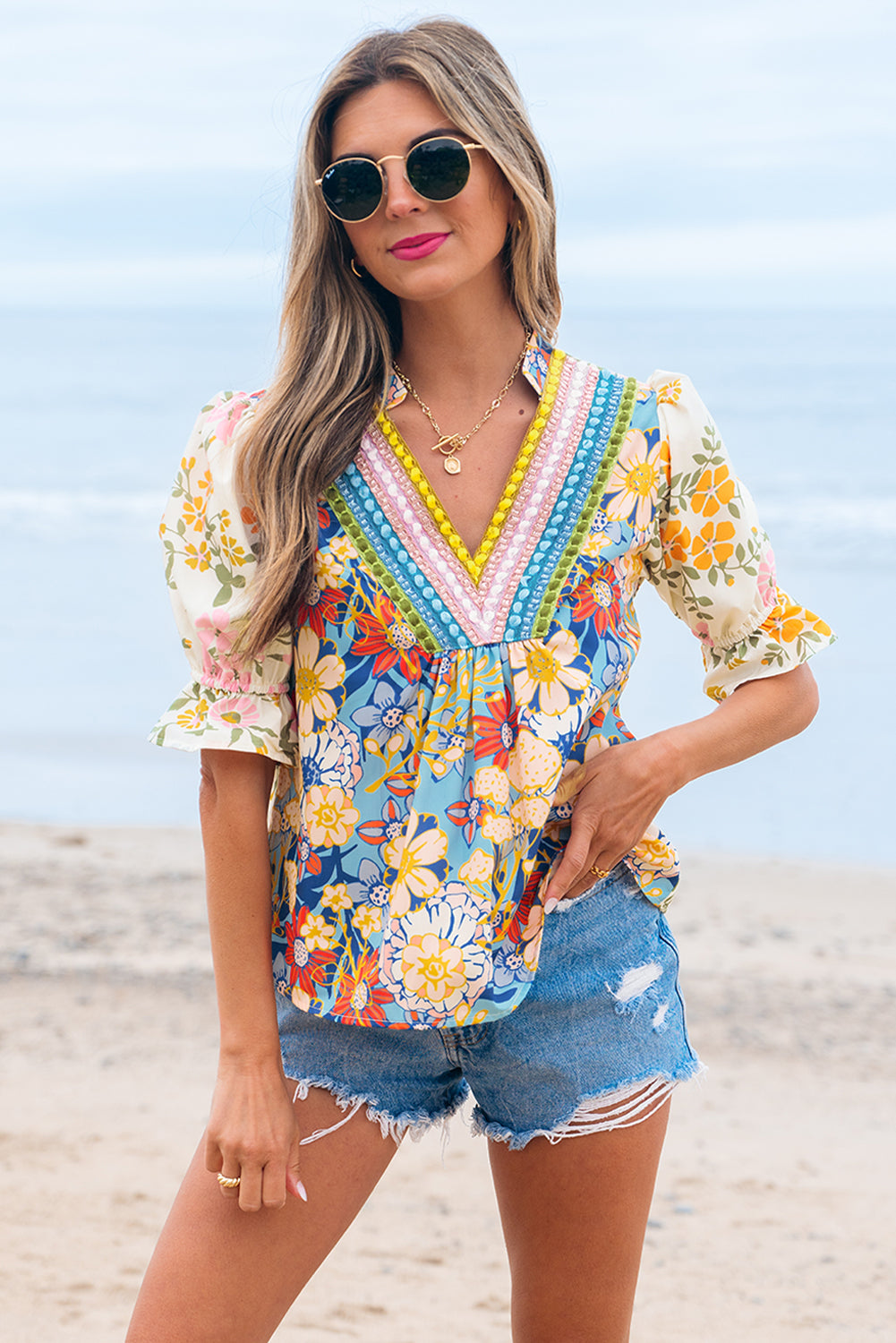 Gwen Crochet V Neck Boho Floral Blouse | Threaded Pear