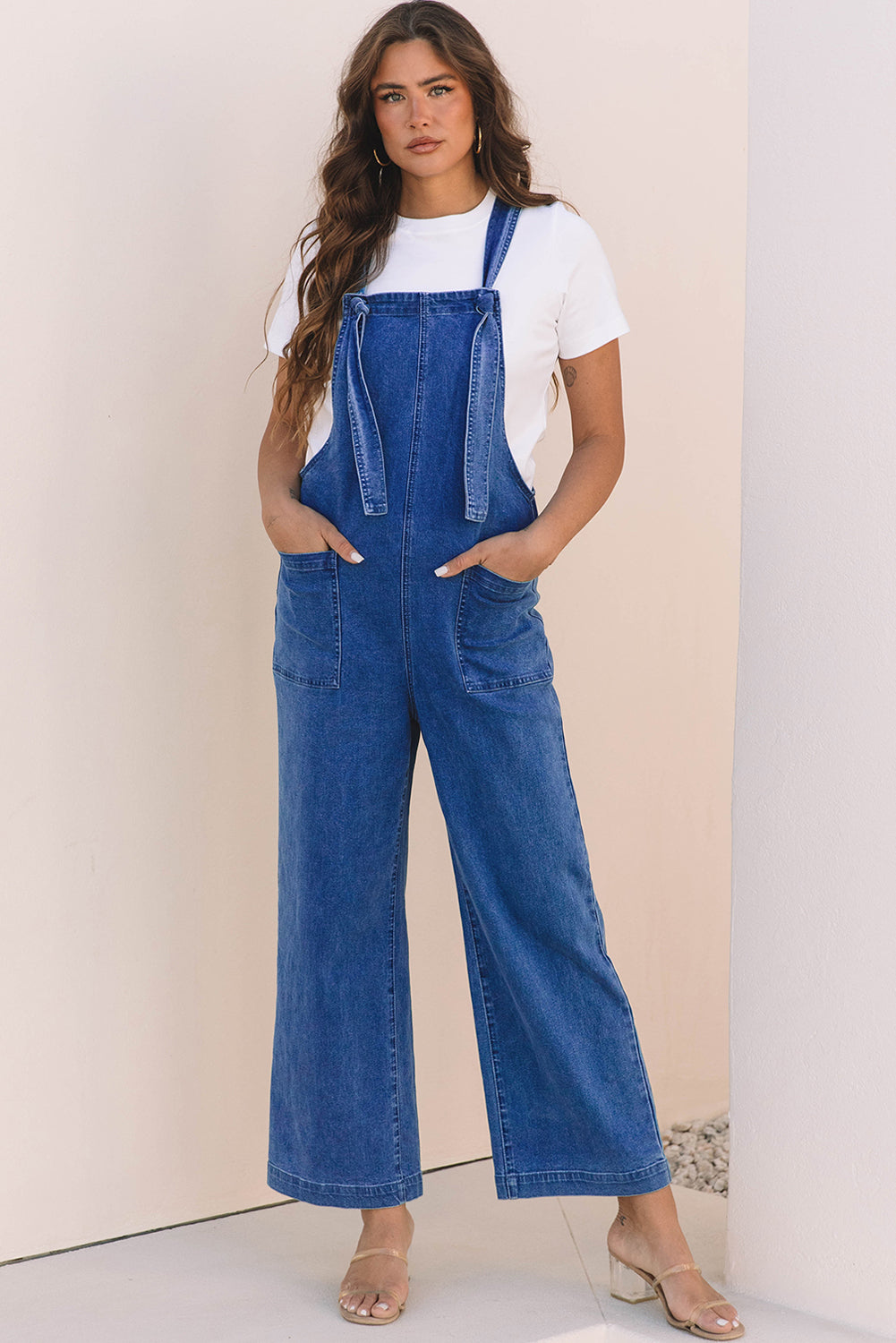 Elodie Knotted Strap Wide Leg Denim Overalls | Threaded Pear