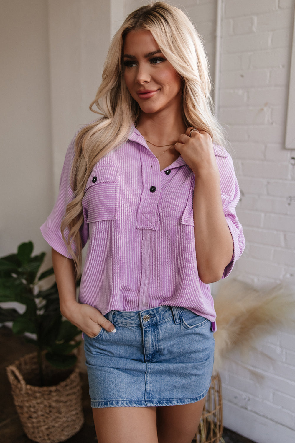 Kyla Flap Pocket Collared Buttoned Short Sleeve Blouse | Threaded Pear