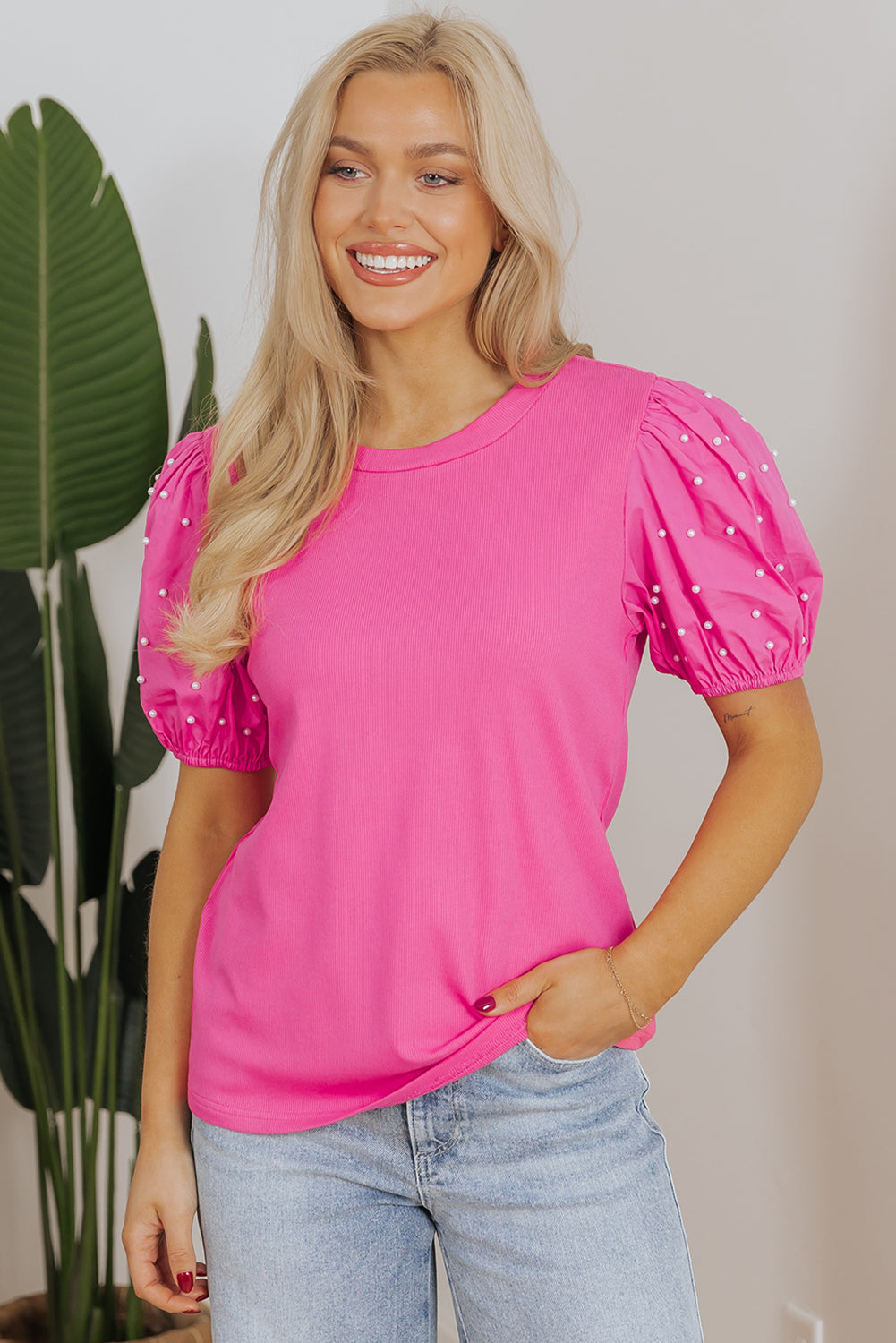 Shiloh Ribbed Pearl Beaded Puff Sleeve Top | Threaded Pear