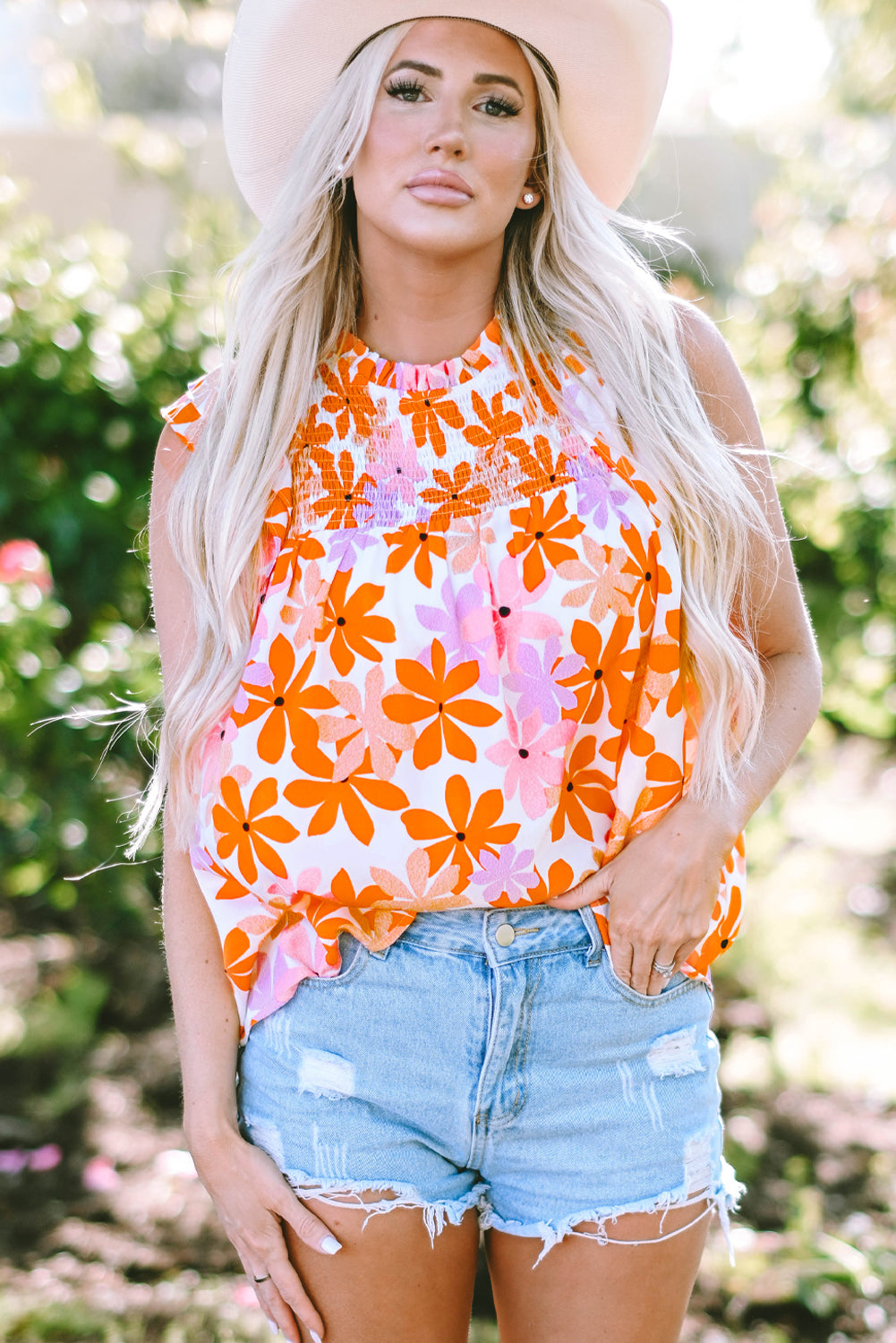 Alison Ruffled Sleeve Smocked Floral Top | Threaded Pear