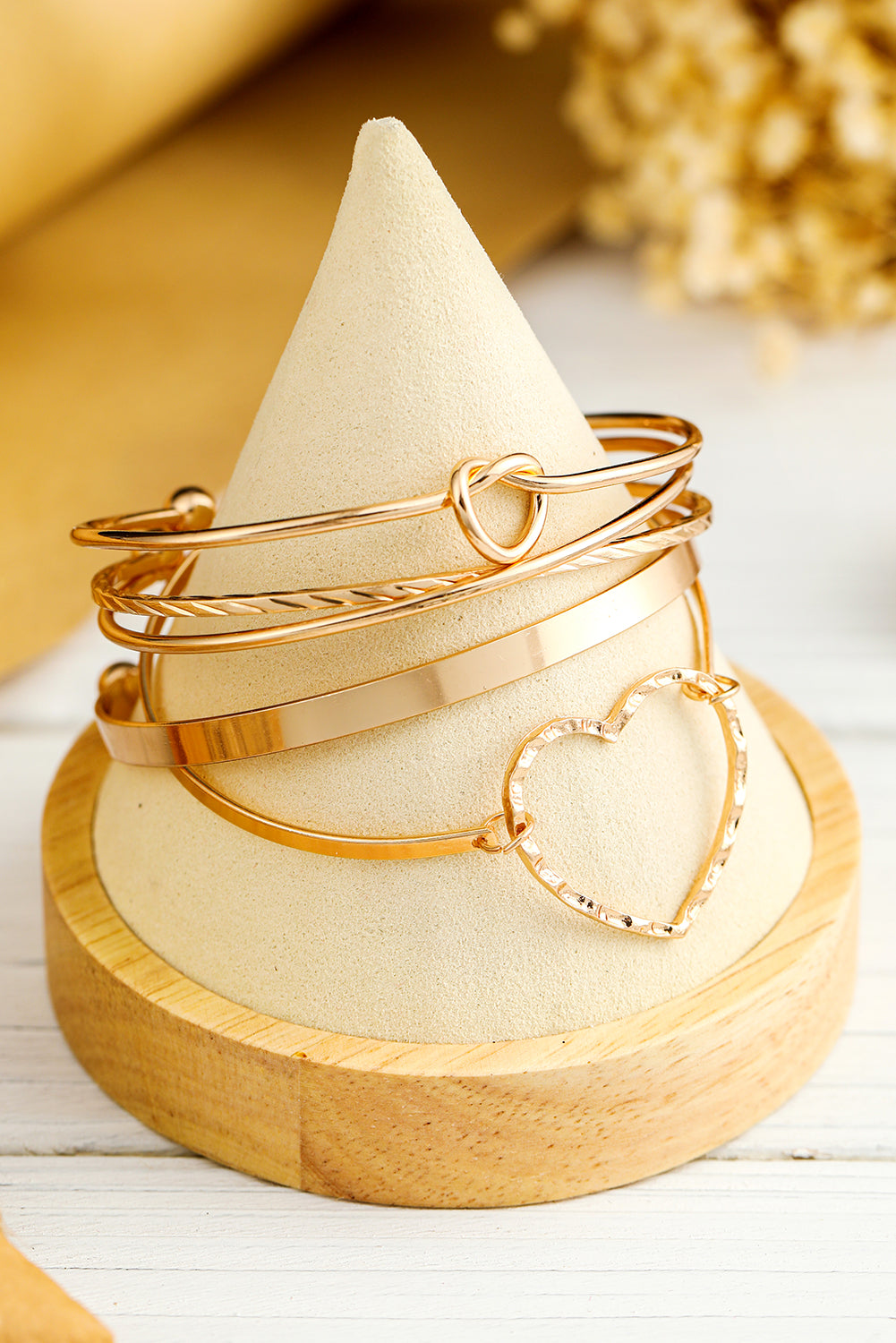 Gold Heart Knot Plated Multi Layer Open Cuff Bracelet Set | Threaded Pear