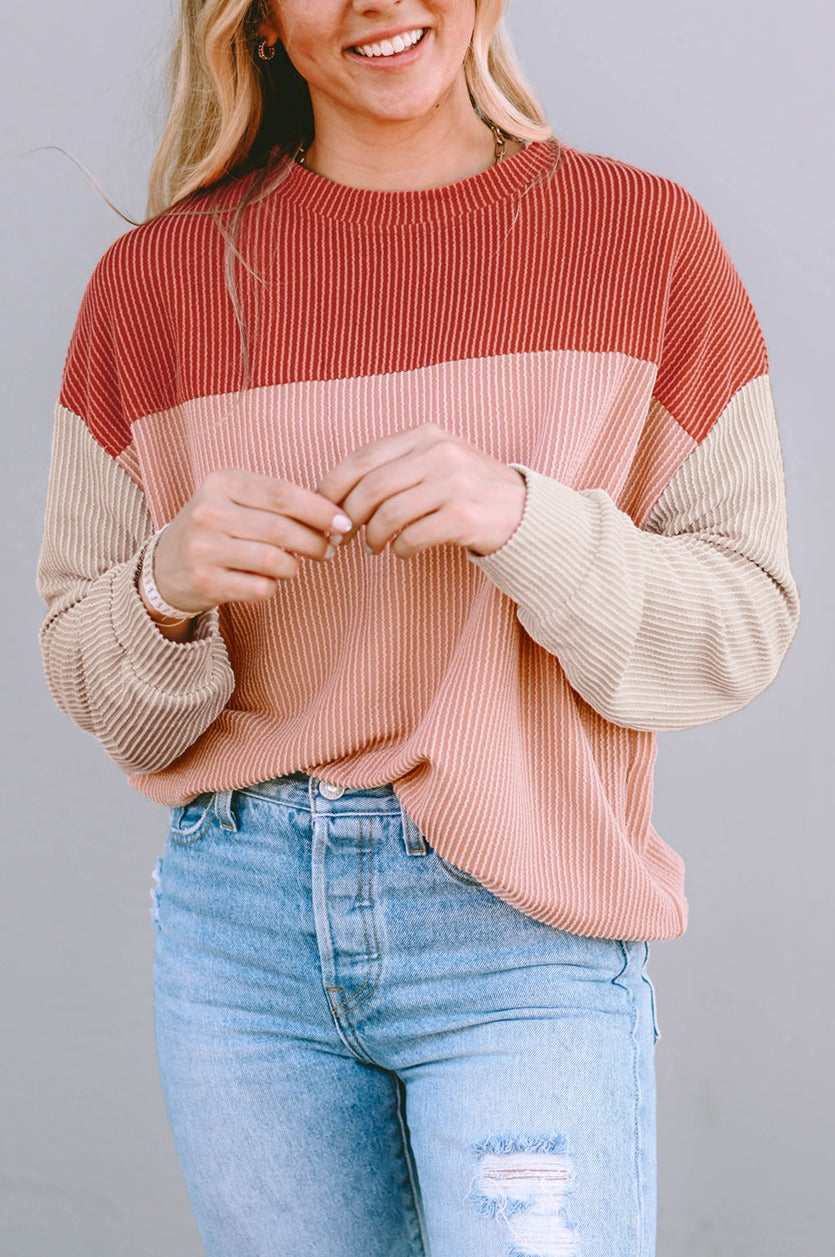 Rachel Block Long Sleeve Ribbed Loose Top | Threaded Pear