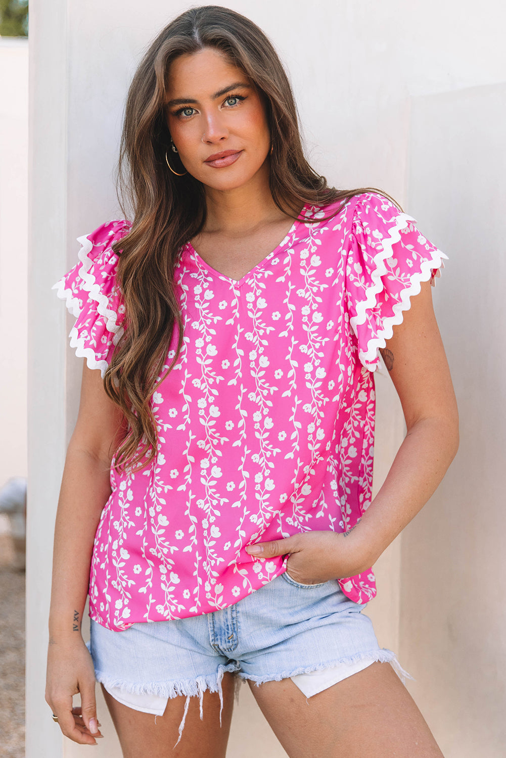 Rayna Floral Ric-rac Tiered Ruffled V Neck Blouse | Threaded Pear