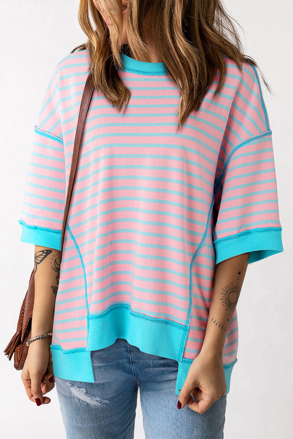 Adley Stripe Oversized Exposed Seam High Low Top | Threaded Pear