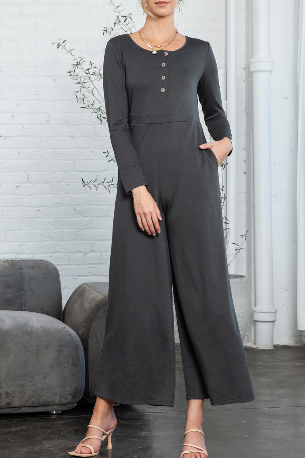 Trinity Button Long Sleeve Wide Leg Jumpsuit | Threaded Pear