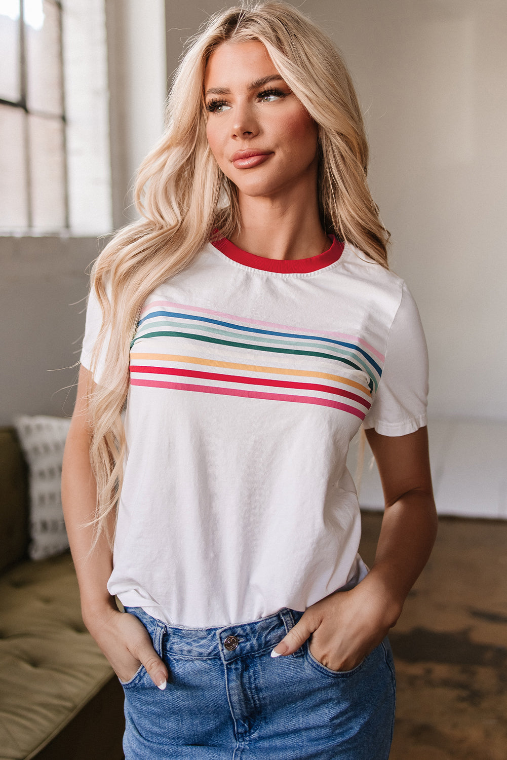 Carter Rainbow Stripe Crewneck Top | Threaded Pear